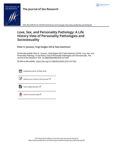 Pdf Love Sex And Personality Pathology A Life History View Of