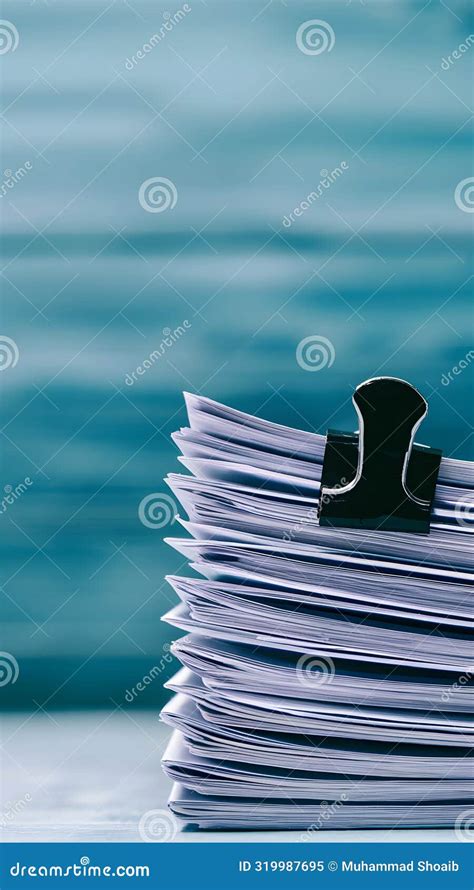 neat stack of papers with black clip on blue background exuding