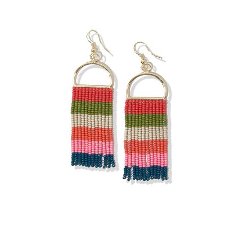 Allison Horizontal Stripe Beaded Fringe Earrings Red Black Ink
