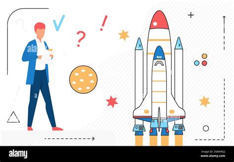 Space Science Research Technology Spaceship Launch Vector Illustration Cartoon Scientist Man