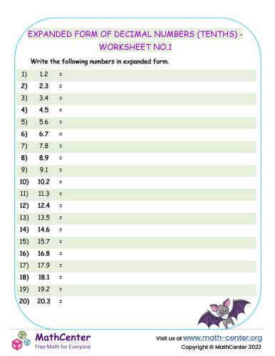Expanded Form Of Decimal Numbers Tenths Worksheet No 1 Worksheets Math Center