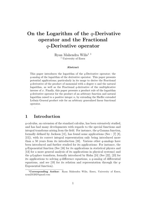 Pdf On The Logarithm Of The Q Derivative Operator And The Fractional Q Derivative Operator