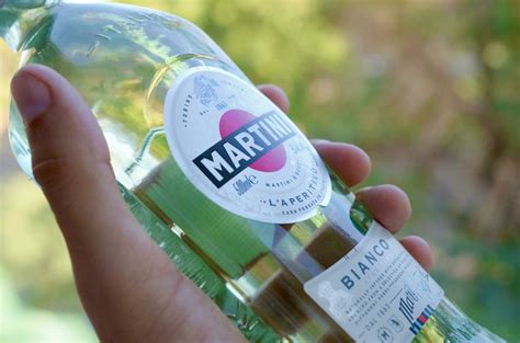 Bottle Of Vermouth Martini Rossi In Male Hand On A Green Trees