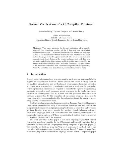 Pdf Formal Verification Of A C Compiler Front End