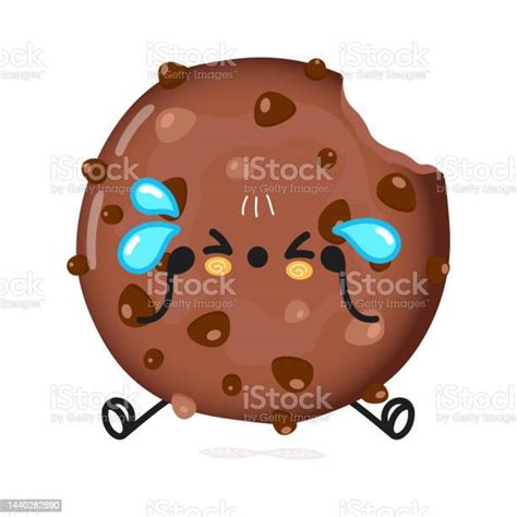 귀여운 슬픈 초콜릿 쿠키 캐릭터 벡터 손으로 그린 만화 Kawaii 캐릭터 그림 아이콘입니다 흰색 배경에 격리 슬픈 초콜릿 쿠키 캐릭터 개념 갈색에 대한 스톡 벡터 아트 및
