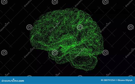3d Brain Rotates On Black Bg Object Dissolved Flickering Particles Scientific Medical Concept