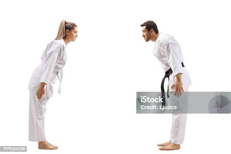 여자 와 화이트 벨트 에 가라테 과 A 남자 와 검정 벨트 Bowing 에 서로 가라테에 대한 스톡 사진 및 기타 이미지 가라테 절하기 남자 Istock
