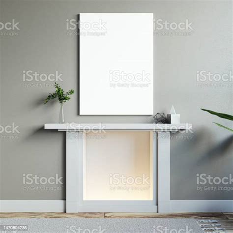 벽 설치와 벽에 기대어 있는 빈 흰색 모형 포스터가 있는 현대적인 거실 인테리어 3d 렌더링 0명에 대한 스톡 사진 및 기타 이미지 Istock