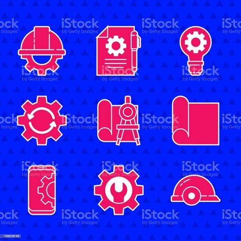 그래프 용지와 나침반 렌치 스패너 기어 작업자 안전 헬멧 엔지니어링 스마트폰 설정 기어 화살표 워크플로우 전구 및 아이콘을