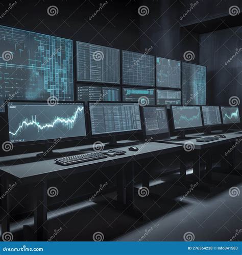A Row Of Computers With Multiple Monitors Showing Graphs Two Created With Generative Ai Stock
