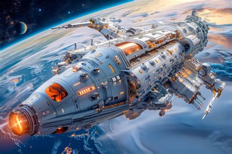 Spectacular Sci Fi Spacecraft Orbiting Planetary Body In Distant Cosmos With Vibrant Starscape