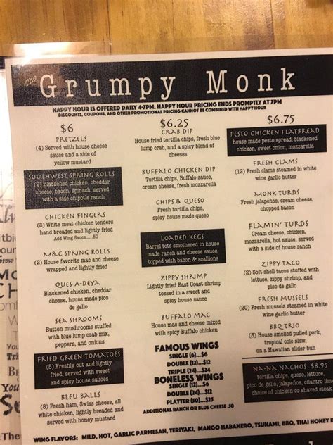 Menu At The Grumpy Monk Carolina Forest Restaurant Myrtle Beach