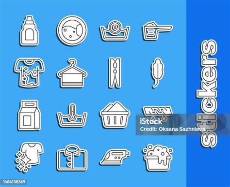 비눗물 옷 짜기 깃털 시간 세척 옷걸이에 수건 더러운 티셔츠 세정제 병 및 옷 핀 아이콘으로 라인 세면대를 설정합니다 벡터 가사 집안일에 대한 스톡 벡터 아트 및 기타