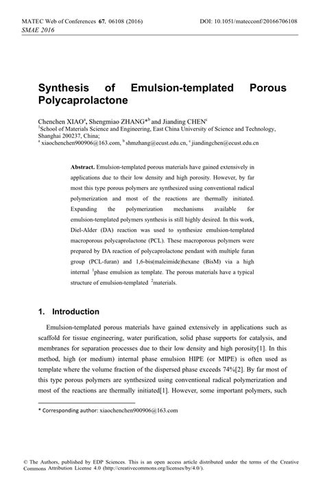 Pdf Synthesis Of Emulsion Templated Porous Polycaprolactone