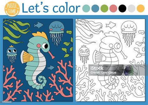 해마 수중 장면이 있는 아이들을 위한 바다 색칠 공부 페이지 벡터 해양 생물 개요 그림입니다 색깔이 있는 아이들을 위한 컬러북 그리기 기술 인쇄 가능한 워크시트 0명에 대한