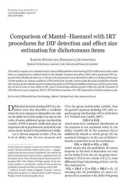 Pdf Comparison Of Mantel Haenszel Test With Irt Procedures For Dif Detection And Effect Size