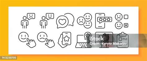 피드백 세트 아이콘입니다 댓글 리뷰 사용자 좋아하는 싫어하는 음성 거품 이모티콘 서비스 평가 별 평가 엄지 손가락 체크 박스 행복 슬프다 통신 개념 비즈니스용 벡터 줄