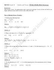 MCV U FINAL EXAM WITH SOLUTIONS Pdf MCV U Grade Calculus And Vectors FINAL EXAM With