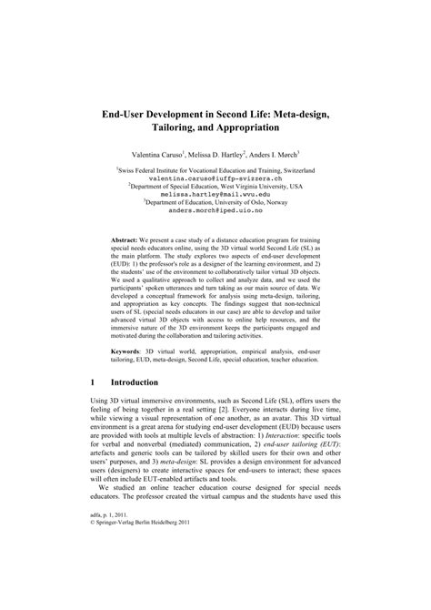 Pdf End User Development In Second Life Meta Design Tailoring And Appropriation