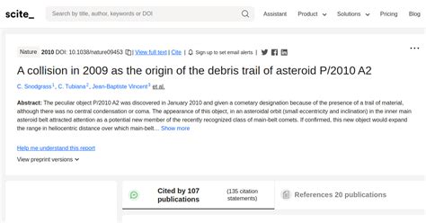 A Collision In 2009 As The Origin Of The Debris Trail Of Asteroid P2010 A2 Scite Report