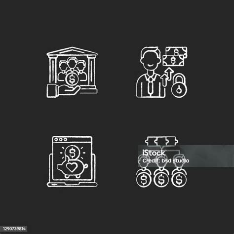 디지털 크라우드 펀딩 플랫폼 은 검은 배경에 설정 흰색 아이콘 분필 개념에 대한 스톡 벡터 아트 및 기타 이미지 개념 검은색 경영자 Istock