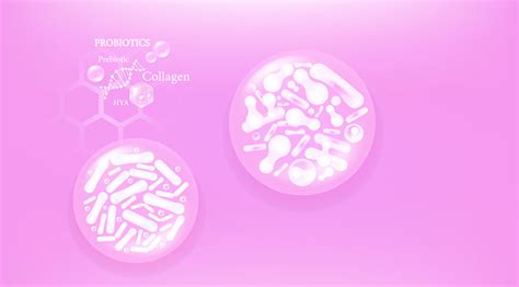 Probiotic 와 히알루 론산 피부 솔루션 광고 핑크 콜라겐 와 비타민 혈청 방울 와 화장품 광고 배경 일러스트 벡터를 사용할 준비가 되었습니다 개념에 대한 스톡 벡터