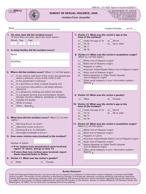 Us Department Of Justice Sexual Violence Incident Form Blank Fillable