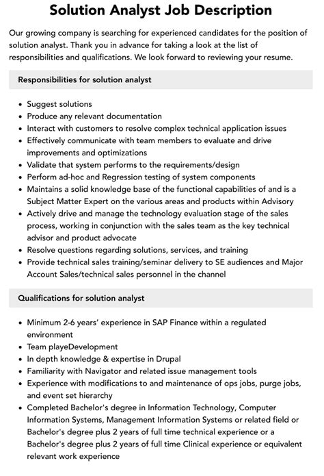 Solution Analyst Job Description Velvet Jobs