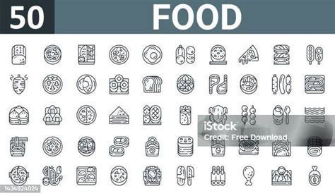 미트로프 카레 피쉬 앤 칩스 볶음밥 볶음달걀 살라미 밥 그릇 벡터 얇은 아이콘과 같은 50 개요 웹 음식 아이콘 세트 보고서 프리젠 테이션 다이어그램 웹 디자인 모바일 앱