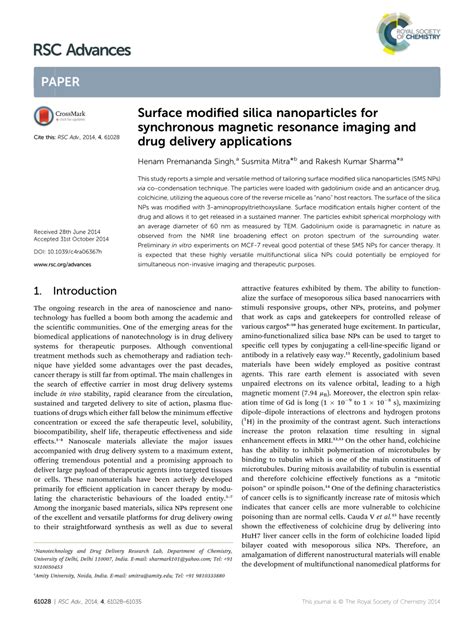 Pdf Surface Modified Silica Nanoparticles For Synchronous Magnetic Resonance Imaging And Drug