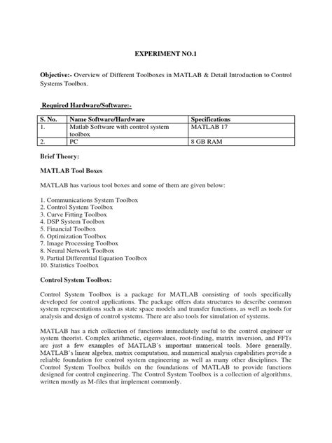 Manual Control System Lab Pdf Matrix Mathematics Matlab