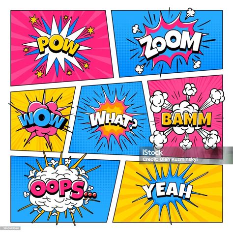 프레임의 코믹한 음향 효과 만화 만화책 페이지 격자 프레임 구름 및 폭발 텍스트 말풍선 Pow 확대 축소 와우 소리가 있는 색상 스타일 벡터 레이아웃 Pow Single