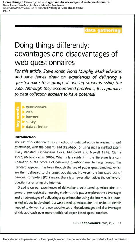 Pdf Doing Things Differently Advantages And Disadvantages Of Web Questionnaires