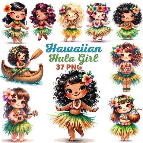 Cute Hawaiian Hula Girl Clipart Watercolor Tropical Beach Summer Luau