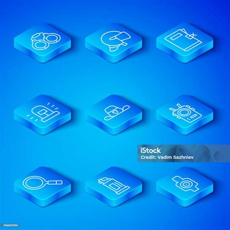 검색 보안관 모자 배지 후추 스프레이 경찰 바디 카메라 스테이션 폴더 노출증 사이렌 수갑 및 촬영 아이콘에 대한 인간 대상 스포츠와 돋보기를 설정합니다 벡터 3차원 형태에