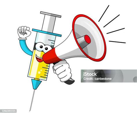 웃는 만화 캐릭터 마스코트 의료 주사기 백신 메가폰 발표 벡터 일러스트레이션 고립 독감 예방접종에 대한 스톡 벡터 아트 및 기타 이미지 독감 예방접종 바이러스 유머