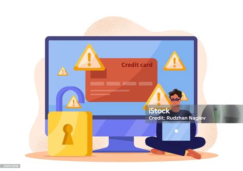 사이버 범죄자 은행 카드 근처에 노트북을 가진 젊은 남자 인터넷 및 개인 데이터 도난의 위험 컴퓨터를 가진 온라인 도둑 평면 벡터 일러스트 레이 션 구별하기 힘든에 대한