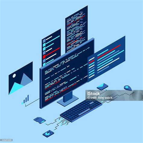 컴퓨터 기술 아이소 메트릭 그림 데스크톱 컴퓨터 플랫폼 소프트웨어 프로그래밍 코딩 개념 컴퓨터 모니터로 코딩합니다 아이소메트릭 기술 0명에 대한 스톡 벡터 아트 및 기타