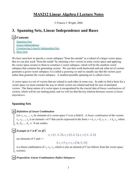Mas212 Linear Algebra I Lecture Notes 3 Spanning Francis Wright