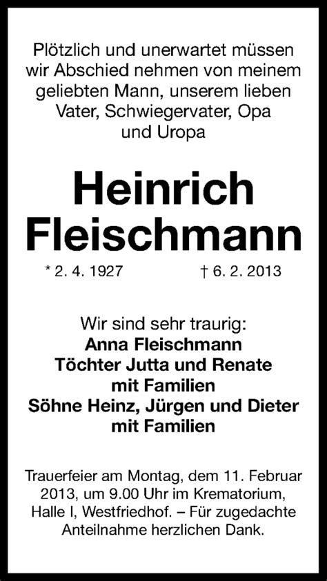 Traueranzeigen Von Heinrich Fleischmann Trauer Nn De