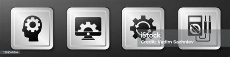 내부 기어 컴퓨터 모니터 및 기어 기어 및 화살표를 워크플로우 및 멀티미터 아이콘으로 설정합니다 실버 스퀘어 버튼 벡터 기어 기계 부분에 대한 스톡 벡터 아트 및 기타