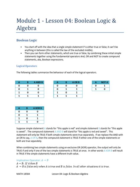 Lesson 04 Logic And Boolean Algebra Pdf Boolean Algebra Teaching