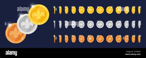 Turning Gold Silver Bronze Coins Animated In Multiple Angles For