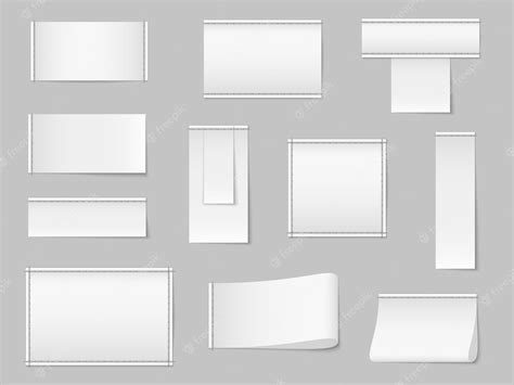 직물 빈 흰색 레이블 현실적인 패브릭 의류 스티커 의류는 이음새가 있는 깨끗한 스티치 태그 템플릿 로고 벡터 흉내내기 세트의