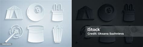 마술사 모자 토끼 귀 지팡이 상자에 팝콘 예측 공 서커스 텐트 아이콘을 설정하세요 벡터 3차원 형태에 대한 스톡 벡터 아트 및 기타 이미지 Istock