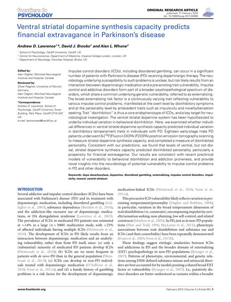 Pdf Ventral Striatal Dopamine Synthesis Capacity Predicts Financial Extravagance In Parkinson