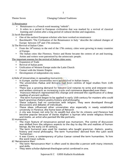 Hsslive Xi History Theme 7 Cultural Tradition Pdf Renaissance Italy
