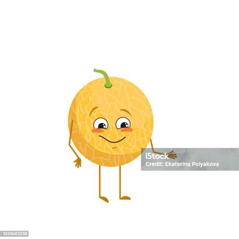 기쁨 감정 웃는 얼굴 행복한 눈 팔과 다리를 가진 귀여운 멜론 캐릭터 눈이 있는 장난스러운 비타민 과일입니다 즐거운 음식 가공의 인물에 대한 스톡 벡터 아트 및 기타 이미지