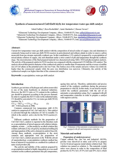 Synthesis Of Nanostructured Cuo Zno Al2o3 Low Temperature Water Gas Shift Catalyst شرکت گسترش