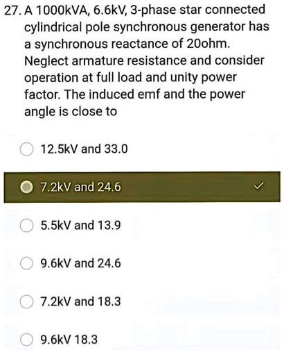 Solved 27 A 1000kva 6 6kv 3 Phase Star Connected Cylindrical Pole Synchronous Generator Has A